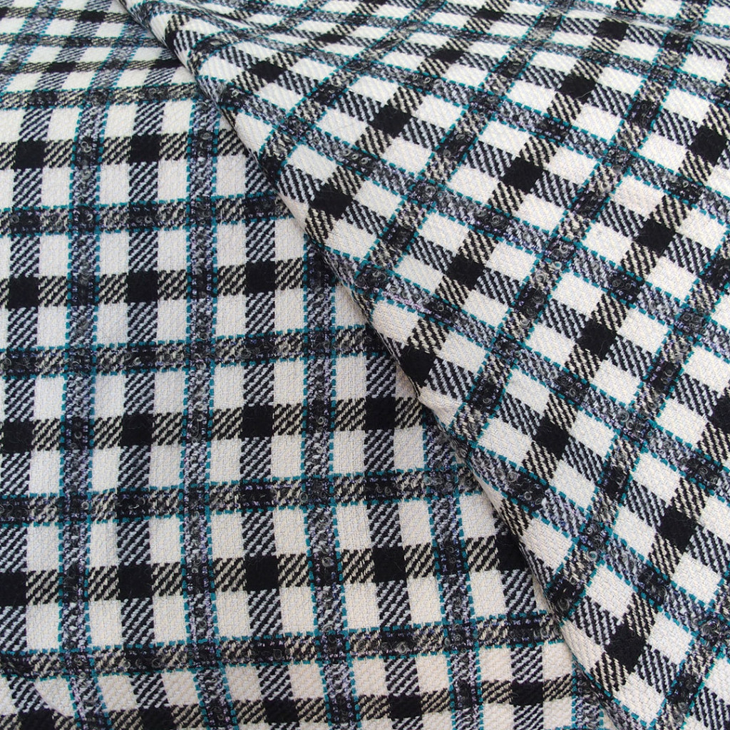 boucle tweed fabric prince de Galles prince of Wales check pattern teal ...